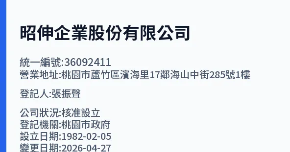 昭伸企業股份有限公司的照片-統編 36092411(桃園市) 公司登記資料與營業項目詳細圖表