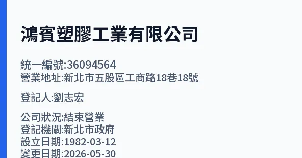 鴻賓塑膠工業有限公司的照片-統編 36094564(新北市) 公司登記資料與營業項目詳細圖表