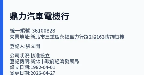 鼎力汽車電機行的照片-統編 36100828(新北市) 公司登記資料與營業項目詳細圖表