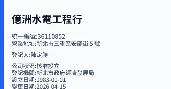 億洲水電工程行的照片-統編 36110852(新北市) 公司登記資料與營業項目詳細圖表