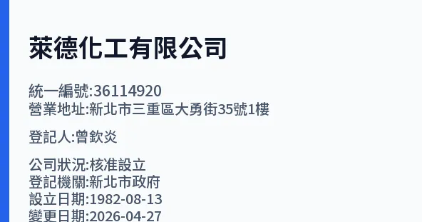 萊德化工有限公司的照片-統編 36114920(新北市) 公司登記資料與營業項目詳細圖表