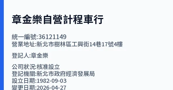 章金樂自營計程車行的照片-統編 36121149(新北市) 公司登記資料與營業項目詳細圖表