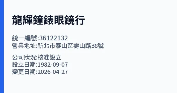 龍輝鐘錶眼鏡行的照片-統編 36122132(新北市) 公司登記資料與營業項目詳細圖表