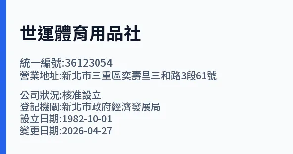 世運體育用品社的照片-統編 36123054(新北市) 公司登記資料與營業項目詳細圖表