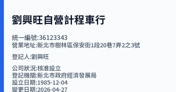 劉興旺自營計程車行的照片-統編 36123343(新北市) 公司登記資料與營業項目詳細圖表