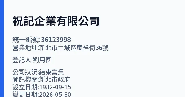 祝記企業有限公司的照片-統編 36123998(新北市) 公司登記資料與營業項目詳細圖表