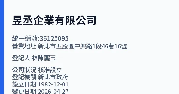 昱丞企業有限公司的照片-統編 36125095(新北市) 公司登記資料與營業項目詳細圖表
