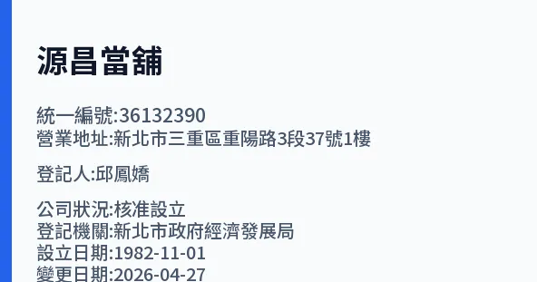 源昌當舖的照片-統編 36132390(新北市) 公司登記資料與營業項目詳細圖表