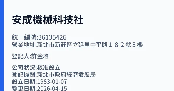 安成機械科技社的照片-統編 36135426(新北市) 公司登記資料與營業項目詳細圖表
