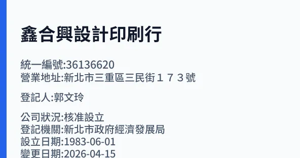 鑫合興設計印刷行的照片-統編 36136620(新北市) 公司登記資料與營業項目詳細圖表
