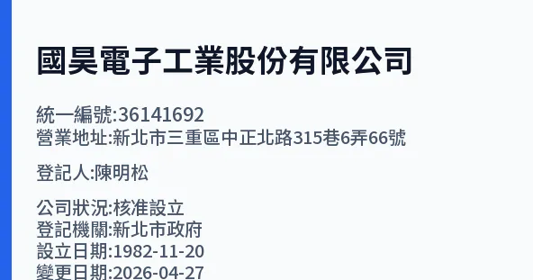 國昊電子工業股份有限公司的照片-統編 36141692(新北市) 公司登記資料與營業項目詳細圖表