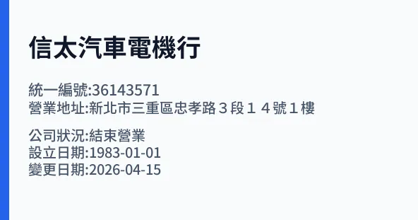 信太汽車電機行的照片-統編 36143571(新北市) 公司登記資料與營業項目詳細圖表