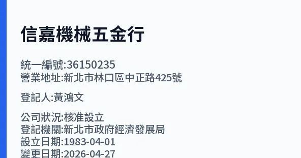 信嘉機械五金行的照片-統編 36150235(新北市) 公司登記資料與營業項目詳細圖表