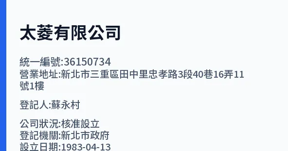 太菱有限公司的照片-統編 36150734(新北市) 公司登記資料與營業項目詳細圖表