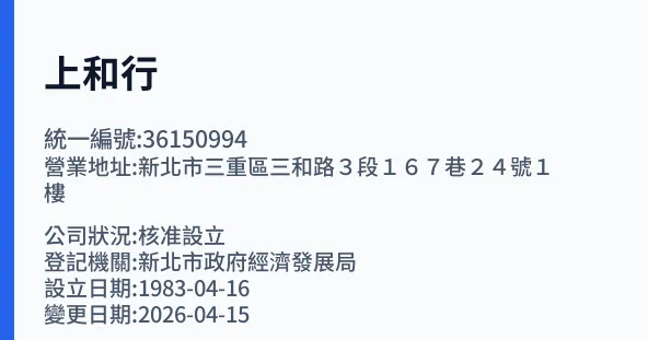 上和行的照片-統編 36150994(新北市) 公司登記資料與營業項目詳細圖表