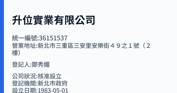 升位實業有限公司的照片-統編 36151537(新北市) 公司登記資料與營業項目詳細圖表