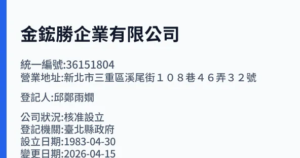 金鋐勝企業有限公司的照片-統編 36151804(新北市) 公司登記資料與營業項目詳細圖表