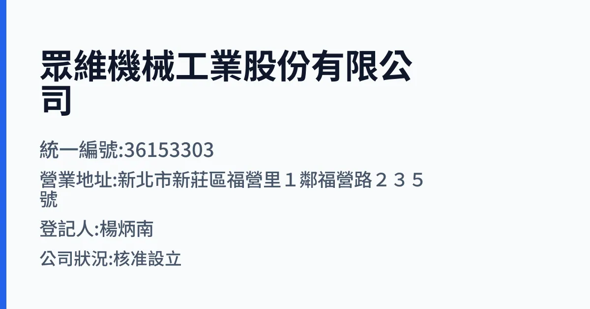 眾維機械工業股份有限公司 - 統編 36153303(新北市) 公司登記資料與營業項目詳細圖表