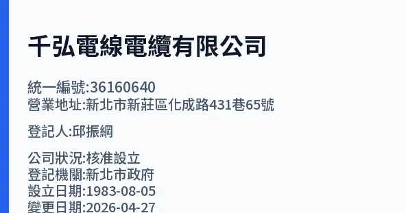 千弘電線電纜有限公司的照片-統編 36160640(新北市) 公司登記資料與營業項目詳細圖表
