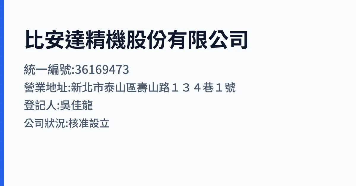 比安達精機股份有限公司 - 統編 36169473(新北市) 公司登記資料與營業項目詳細圖表