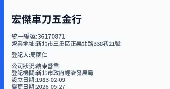 宏傑車刀五金行的照片-統編 36170871(新北市) 公司登記資料與營業項目詳細圖表