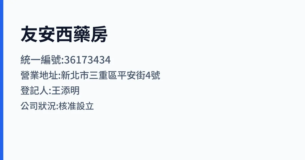 友安西藥房 - 統編 36173434(新北市) 公司登記資料與營業項目詳細圖表
