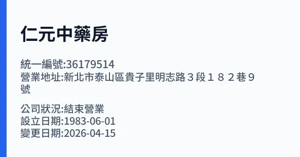 仁元中藥房的照片-統編 36179514(新北市) 公司登記資料與營業項目詳細圖表