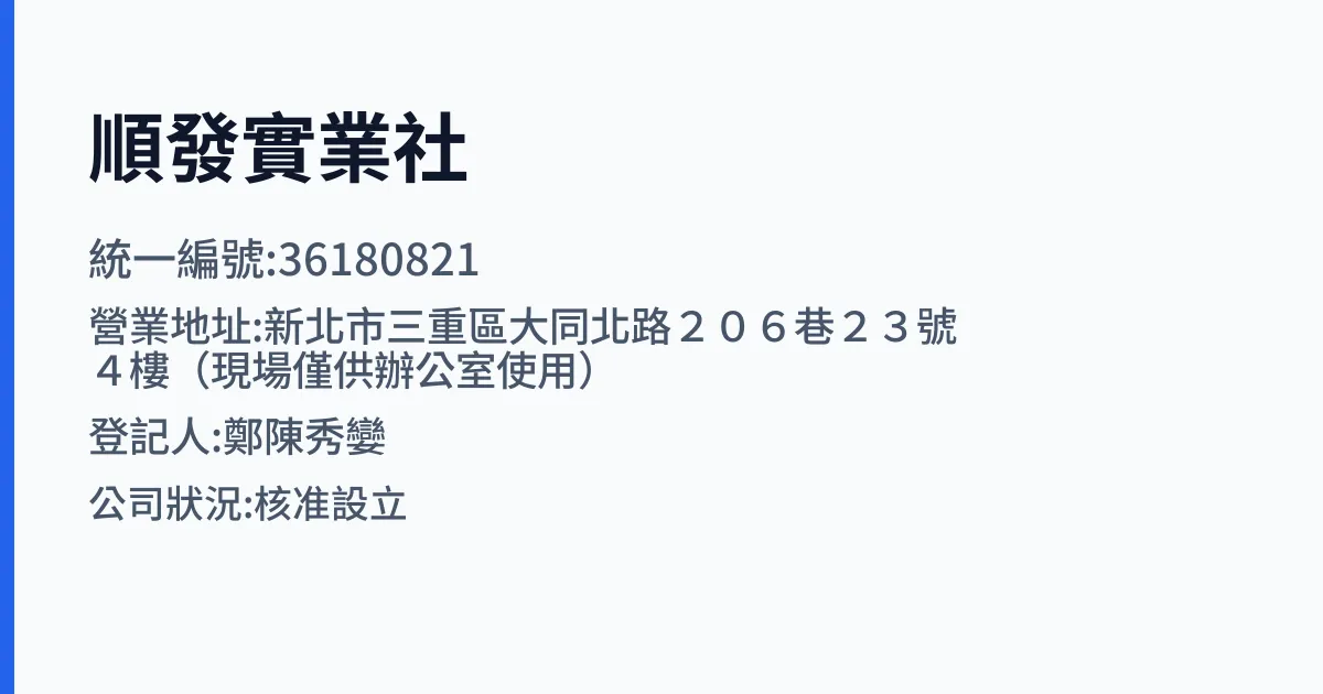 順發實業社 - 統編 36180821(新北市) 公司登記資料與營業項目詳細圖表