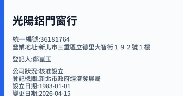 光陽鋁門窗行的照片-統編 36181764(新北市) 公司登記資料與營業項目詳細圖表