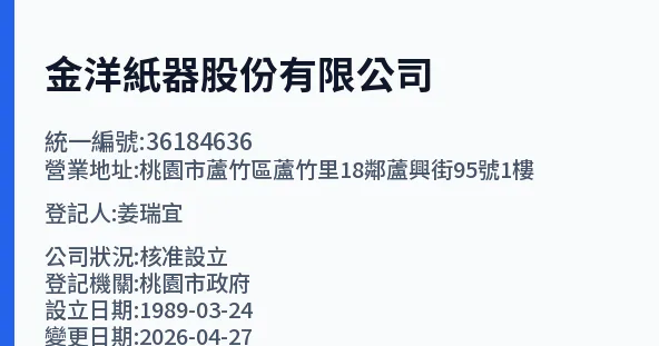 金洋紙器股份有限公司的照片-統編 36184636(桃園市) 公司登記資料與營業項目詳細圖表