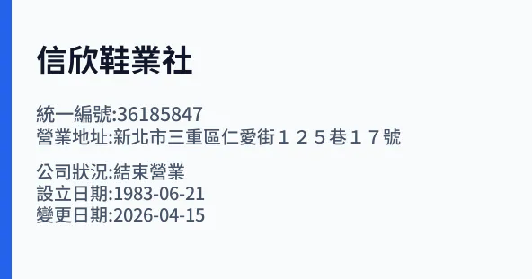 信欣鞋業社的照片-統編 36185847(新北市) 公司登記資料與營業項目詳細圖表