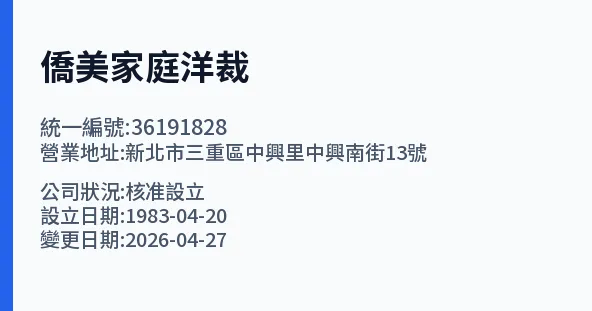 僑美家庭洋裁的照片-統編 36191828(新北市) 公司登記資料與營業項目詳細圖表