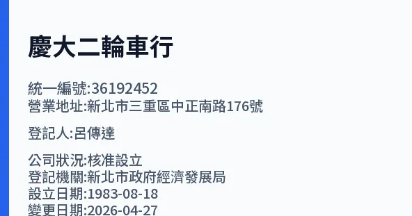 慶大二輪車行的照片-統編 36192452(新北市) 公司登記資料與營業項目詳細圖表