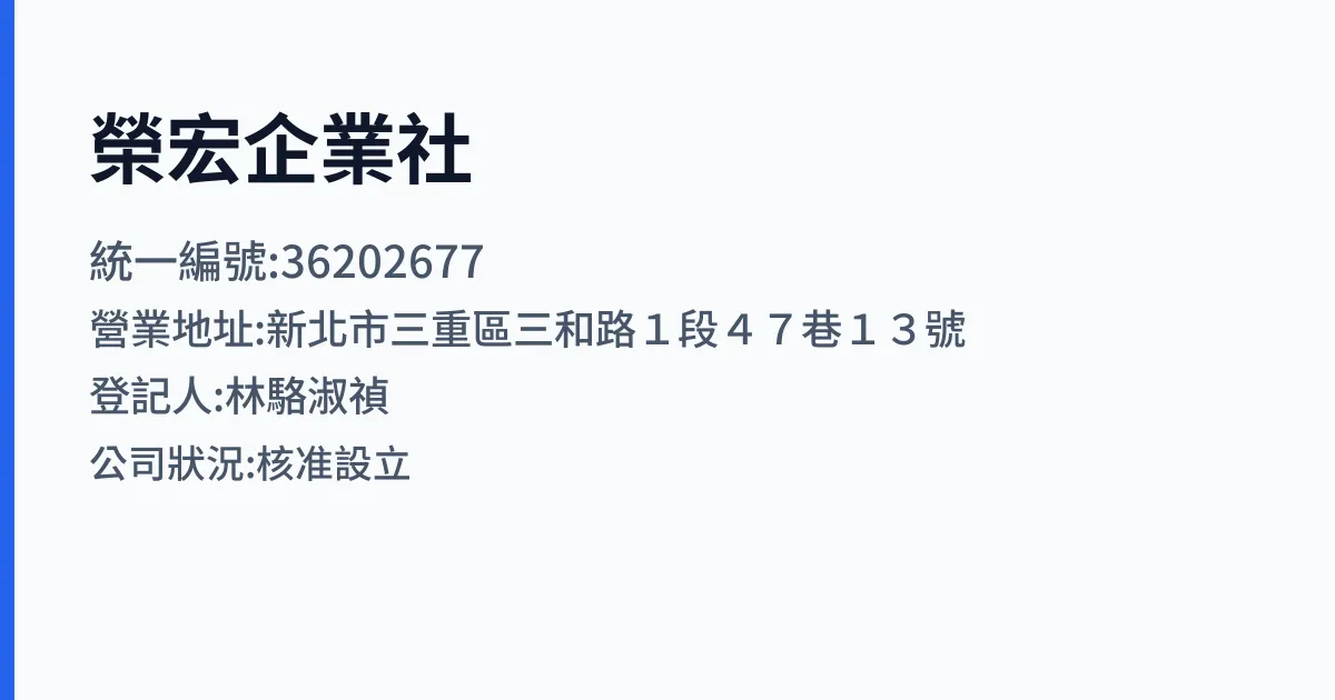 榮宏企業社 - 統編 36202677(新北市) 公司登記資料與營業項目詳細圖表