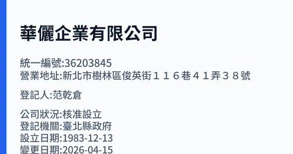 華儷企業有限公司的照片-統編 36203845(新北市) 公司登記資料與營業項目詳細圖表