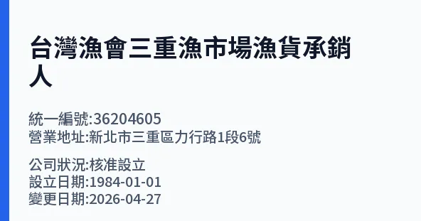 台灣漁會三重漁市場漁貨承銷人的照片-統編 36204605(新北市) 公司登記資料與營業項目詳細圖表