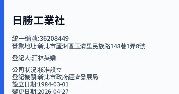 日勝工業社的照片-統編 36208449(新北市) 公司登記資料與營業項目詳細圖表