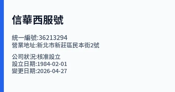 信華西服號的照片-統編 36213294(新北市) 公司登記資料與營業項目詳細圖表