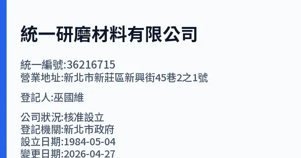 統一研磨材料有限公司的照片-統編 36216715(新北市) 公司登記資料與營業項目詳細圖表