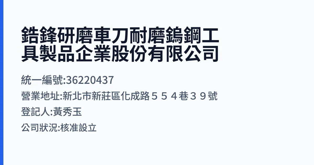 鋯鋒研磨車刀耐磨鎢鋼工具製品企業股份有限公司 - 統編 36220437(新北市) 公司登記資料與營業項目詳細圖表