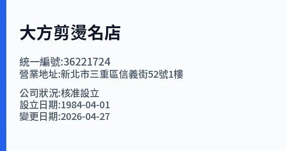 大方剪燙名店的照片-統編 36221724(新北市) 公司登記資料與營業項目詳細圖表