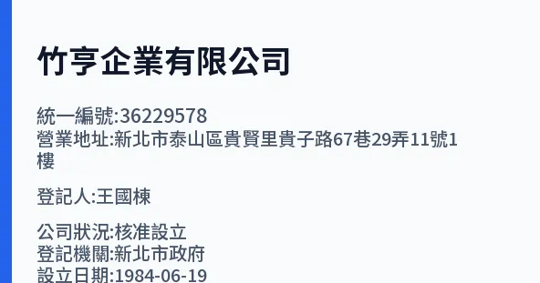 竹亨企業有限公司的照片-統編 36229578(新北市) 公司登記資料與營業項目詳細圖表