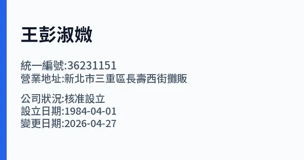 王彭淑媺的照片-統編 36231151(新北市) 公司登記資料與營業項目詳細圖表