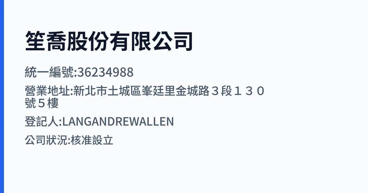 笙喬股份有限公司 - 統編 36234988(新北市) 公司登記資料與營業項目詳細圖表