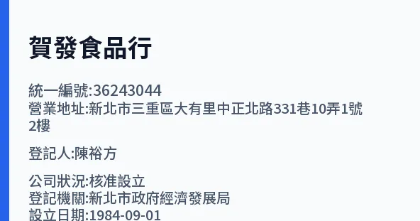 賀發食品行的照片-統編 36243044(新北市) 公司登記資料與營業項目詳細圖表