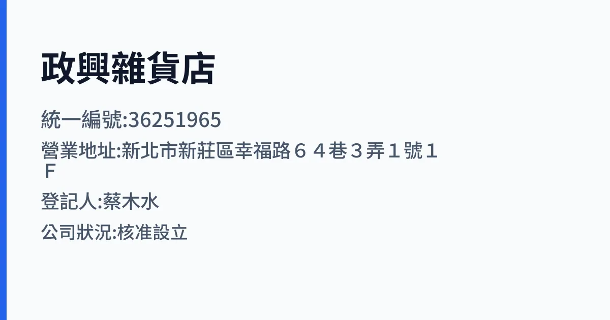 政興雜貨店 - 統編 36251965(新北市) 公司登記資料與營業項目詳細圖表