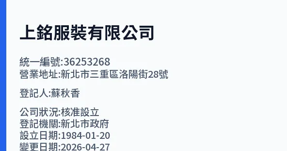 上銘服裝有限公司的照片-統編 36253268(新北市) 公司登記資料與營業項目詳細圖表