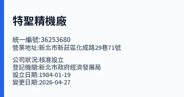 特聖精機廠的照片-統編 36253680(新北市) 公司登記資料與營業項目詳細圖表