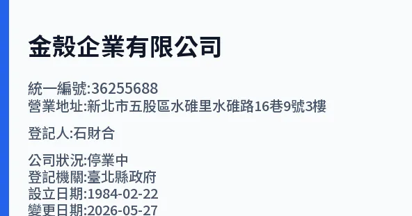 金殼企業有限公司的照片-統編 36255688(新北市) 公司登記資料與營業項目詳細圖表