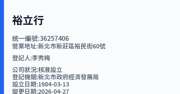 裕立行的照片-統編 36257406(新北市) 公司登記資料與營業項目詳細圖表
